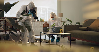 Crime scene, photography and people in house for evidence ...