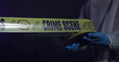 Police, man and radio for talking at crime scene, investigation or ...