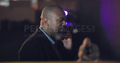 Police, man and phone call for talking at crime scene, investigation ...