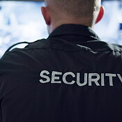 Security guard, computer screen and cctv surveillance on monitor for ...