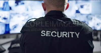 Security guard, computer screen and cctv surveillance on monitor for ...