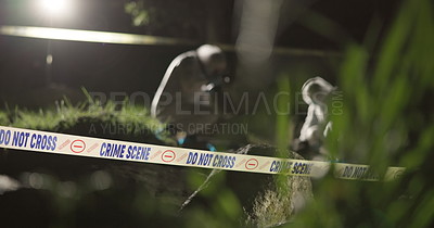 Crime scene, gun and investigator with evidence outdoor for forensics ...