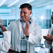 High five, celebration and scientists with tablet in laboratory excited ...