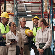 Industrial, business team and factory with funny joke, logistics and ...