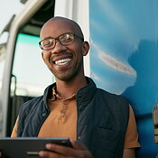 Portrait, tablet and male driver for logistics, smile and delivery ...