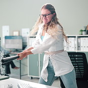 Baseball bat, smash and business woman with desktop in office for ...