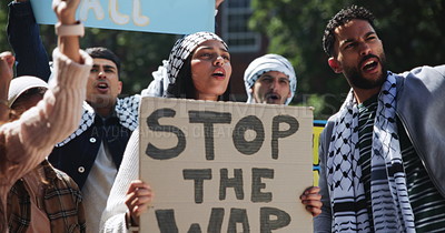 Protest, face and woman with cardboard sign for rally to stop war ...