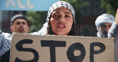 Protest, face and woman with cardboard sign for rally to stop war ...