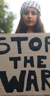 Protest, face and woman with cardboard sign for rally to stop war ...