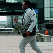 Business man, running and late in street with briefcase for corporate ...