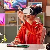 Touch, virtual reality and woman with headset for cyber world ...