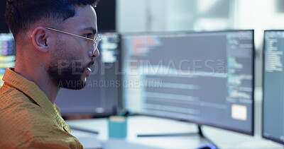 Man, computer screen and coding for software development or programming website for cyber ...