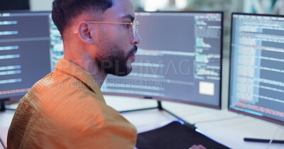 Man, computer screen and coding for software development or programming website for cyber ...