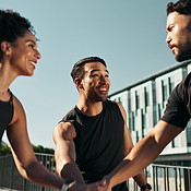 Fitness friends, teamwork and hands together to celebrate outdoors ...