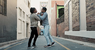 City, men and street fight with violence, battle and disagreement with ...