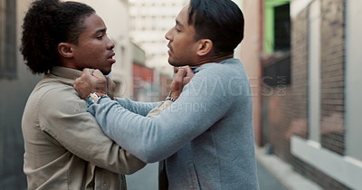 City, men and street fight with violence, battle and disagreement with ...