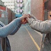 Alley, conflict and men in fight with violence, battle and disagreement ...