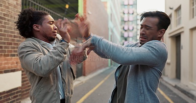City, conflict and men in silly fight with violence, battle and ...