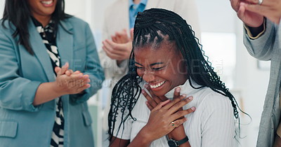Clapping hands, winning and business people in office with achievement ...