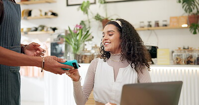 Woman, pos and credit card for payment in coffee shop, ecommerce and ...