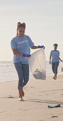 Women, volunteer and teamwork on beach for cleaning as community ...