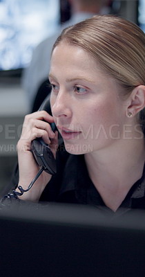 Security guard, woman and telephone in control room for talking ...