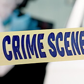 Crime scene, tape and police investigation of car with forensic ...