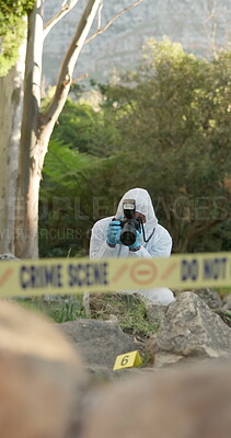 Photography, evidence and person on crime scene for investigation ...