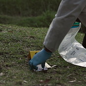 Photography, evidence and person on crime scene for investigation ...