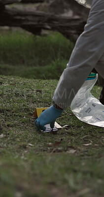 Photography, evidence and person on crime scene for investigation ...