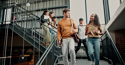 College, steps and students walking with conversation, planning or ...