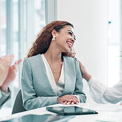 Applause, smile and thank you with business people in boardroom of ...