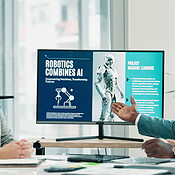 Display, meeting and robotics workshop with business people in ...