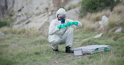 Scientist, research and PPE suit with sample in science as evidence ...
