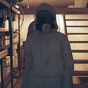 People, hazmat suit and walking in lab, biohazard and ready to leave ...