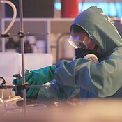 Chemical, biology and PPE suit for science in laboratory in research ...