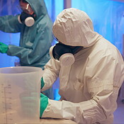 Chemical, engineering and PPE suit for science in laboratory in ...