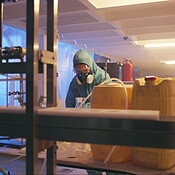 Person, experiment and chemicals in laboratory or research project as ...