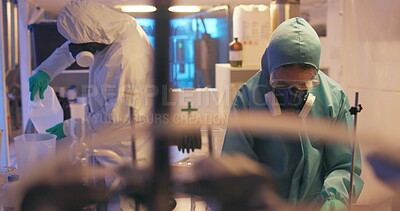 People, hazmat suit and boxes with toxic chemicals, forensic evidence ...