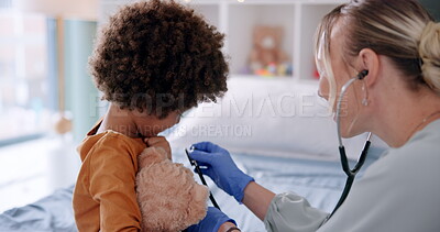 Doctor, boy and stethoscope with listening in hospital for examination ...
