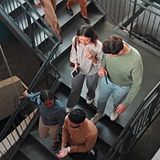 Business people, office and stairs above at a creative company agency ...
