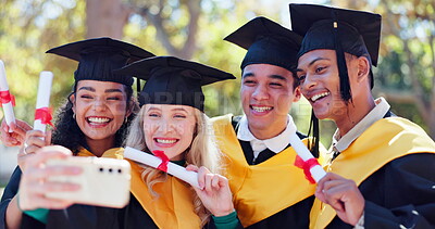 Group, graduation and selfie with portrait, campus and document of ...