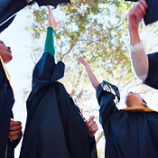 Celebration, friends and group with graduation cap, air and clapping ...