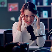 Frustrated woman, influencer and VR with headache at night from nausea ...