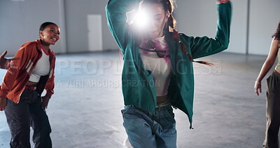 Group, dancers and woman in circle for hip hop routine, breakdance and ...