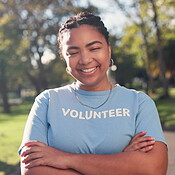 Volunteer, woman and portrait for park clean up, community or charity ...