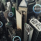 Internet, cityscape and wireless network with infrastructure overlay ...