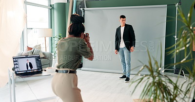 Photography, man and cameraman shooting fashion model in studio for ...