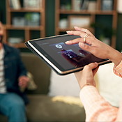 Music, smart home and hands on tablet app with couple of people dancing ...