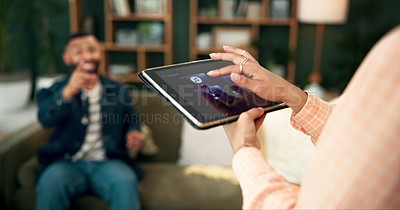 Music, smart home and hands on tablet app with couple of people dancing ...